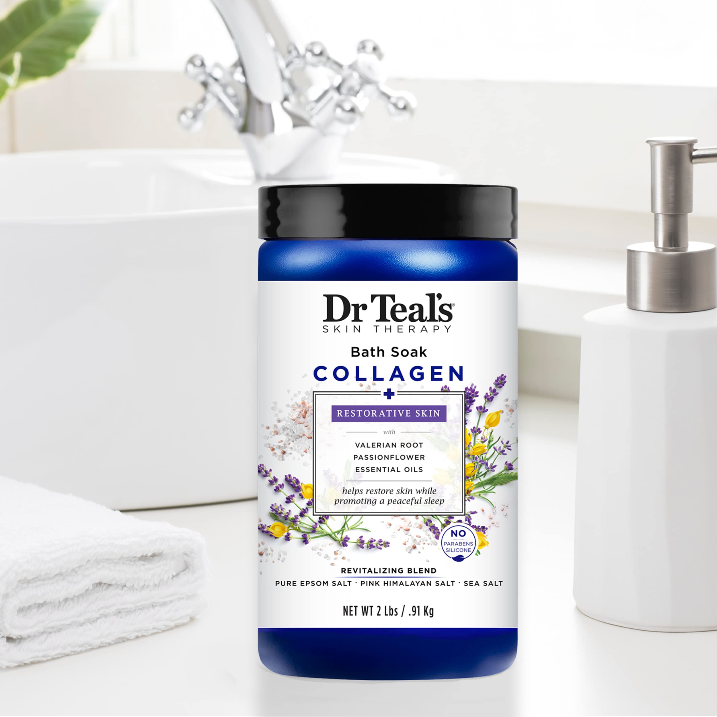 Dr Teal's Skin Therapy Epsom Salt Bath Soak Collagen + Restorative Skin with Valerian Root, Passionflower and Essential Oils, 2 lbs (Packaging May Vary)