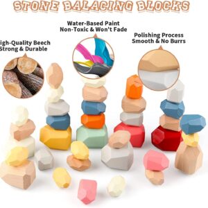 AAA777USA Montessori Stacking Wooden Rocks Balancing Stone Preschool Educational Sensory Toys for Toddlers 3 4 5 Year Boys and Girls – Building Block Set 36 pcs