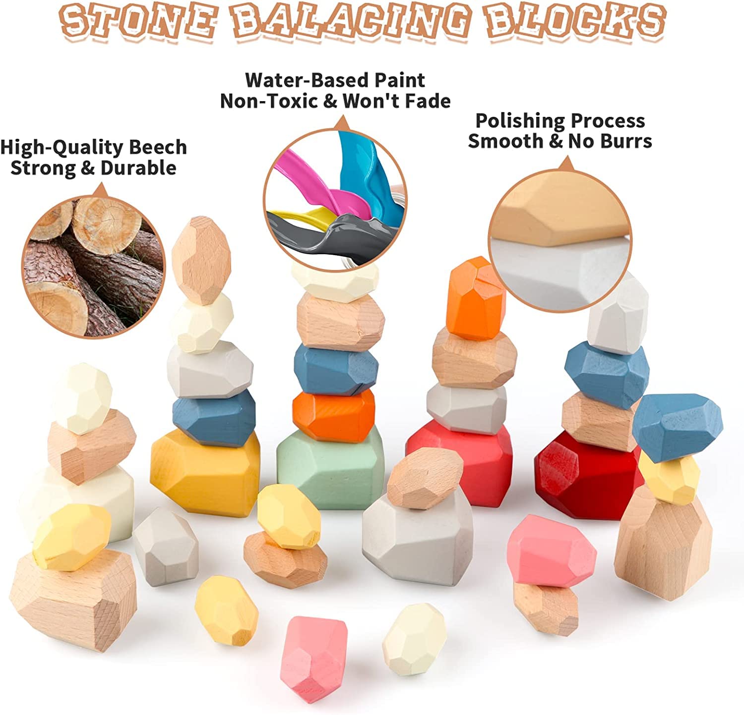 AAA777USA Montessori Stacking Wooden Rocks Balancing Stone Preschool Educational Sensory Toys for Toddlers 3 4 5 Year Boys and Girls – Building Block Set 36 pcs