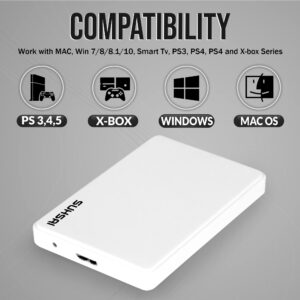 SUHSAI Portable External Hard Drive 250GB USB 3.0 Slim Pocket Size Hardisk Gaming Harddrive Storage and Data Backup Memory Extended 2.5" HDD for Xbox PS4 PS3 PC Games Mac Laptop Desktop (White)