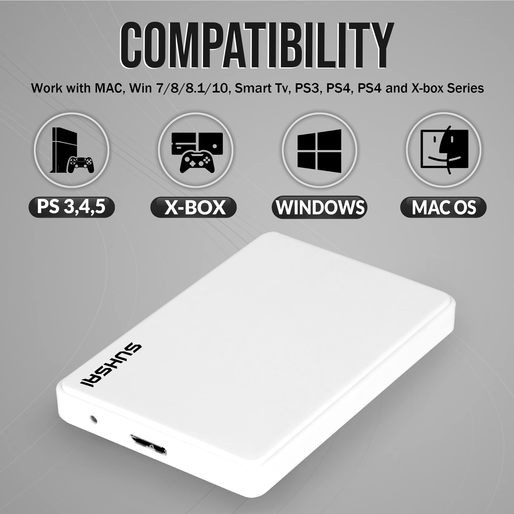 SUHSAI Portable External Hard Drive 250GB USB 3.0 Slim Pocket Size Hardisk Gaming Harddrive Storage and Data Backup Memory Extended 2.5" HDD for Xbox PS4 PS3 PC Games Mac Laptop Desktop (White)