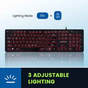 Perixx PERIBOARD-317R Wired Backlit USB Keyboard - Big Print Letter - Tri-Color Illuminated LED - Stylish Round Keycaps - US English