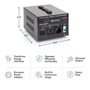 Step Up & Down Transformer - 3000 Watt Heavy-Duty Voltage Converter - Transforms 110v/120v to 220v/240v & Vice Versa - Universal Output - Includes European Power Adapter