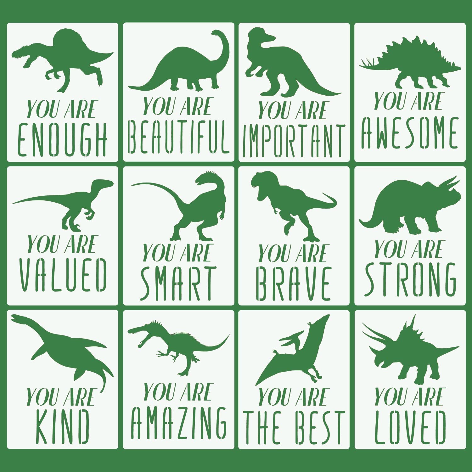 Coocamo 12 Pack Dinosaurs Stencils Reusable Inspirational Word Stencils for Kids Boys Nursery Bedroom Wall Decor Prints, 8 x 10 Inches