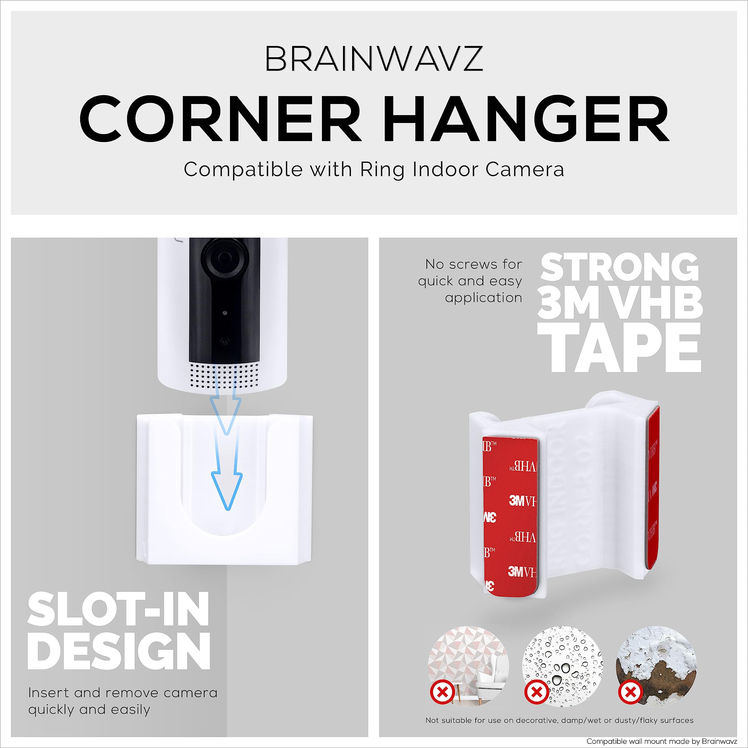 Corner Wall Mount for Ring Indoor (2 Pack) Security Camera - Adhesive Holder, No Hassle Bracket, Strong 3M VHB Tape, No Screws, No Mess Install (White) by Brainwavz