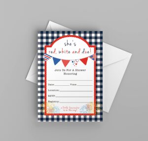 m market on mainstreet red, white & due baby shower invitations, books for baby & diaper raffle & thank you cards (invitations)