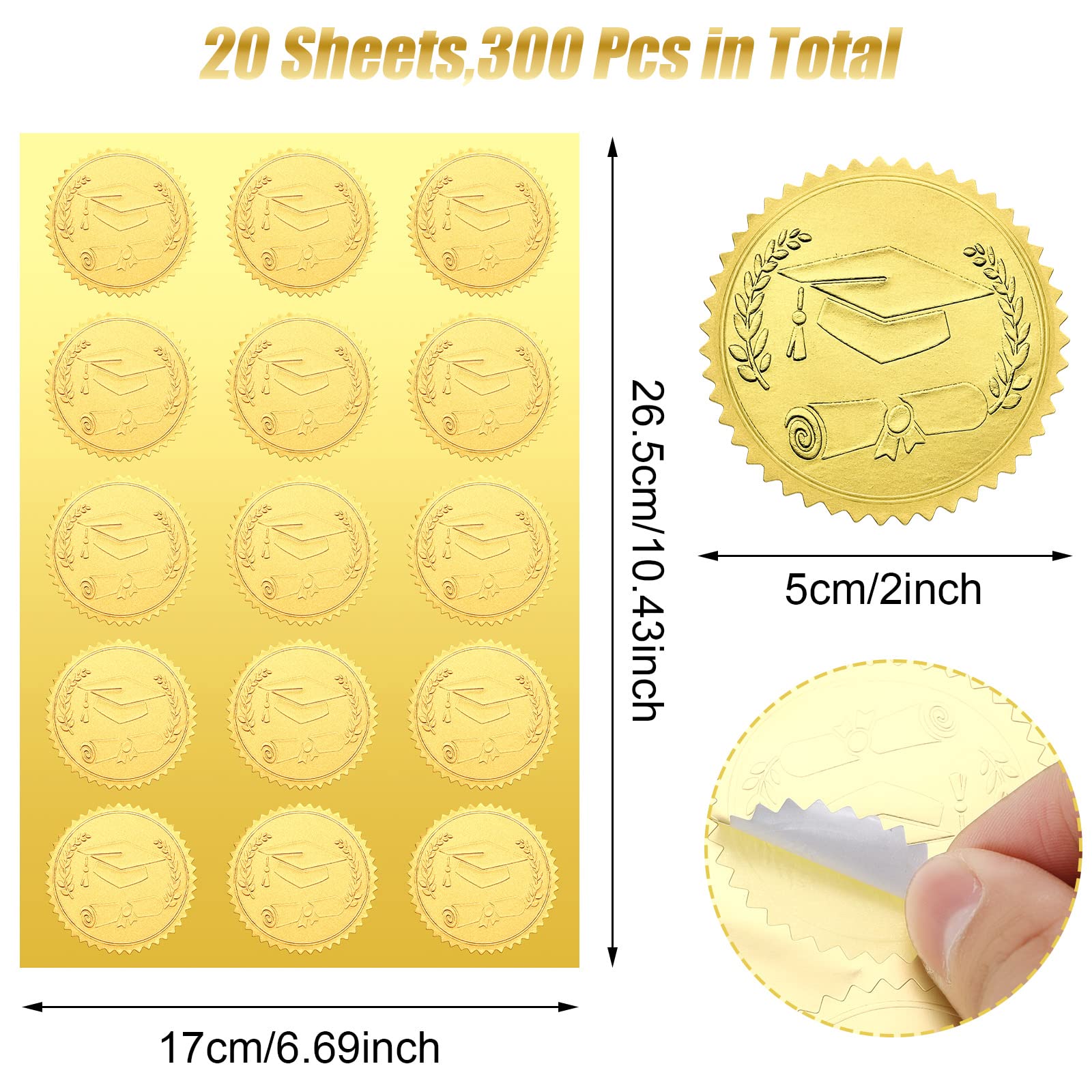 300 Pcs Gold Embossed Graduation Cap Gold Foil Class of 2024 Seals Diploma Certificate Seals Self Adhesive Seal Stickers for Graduation Envelopes