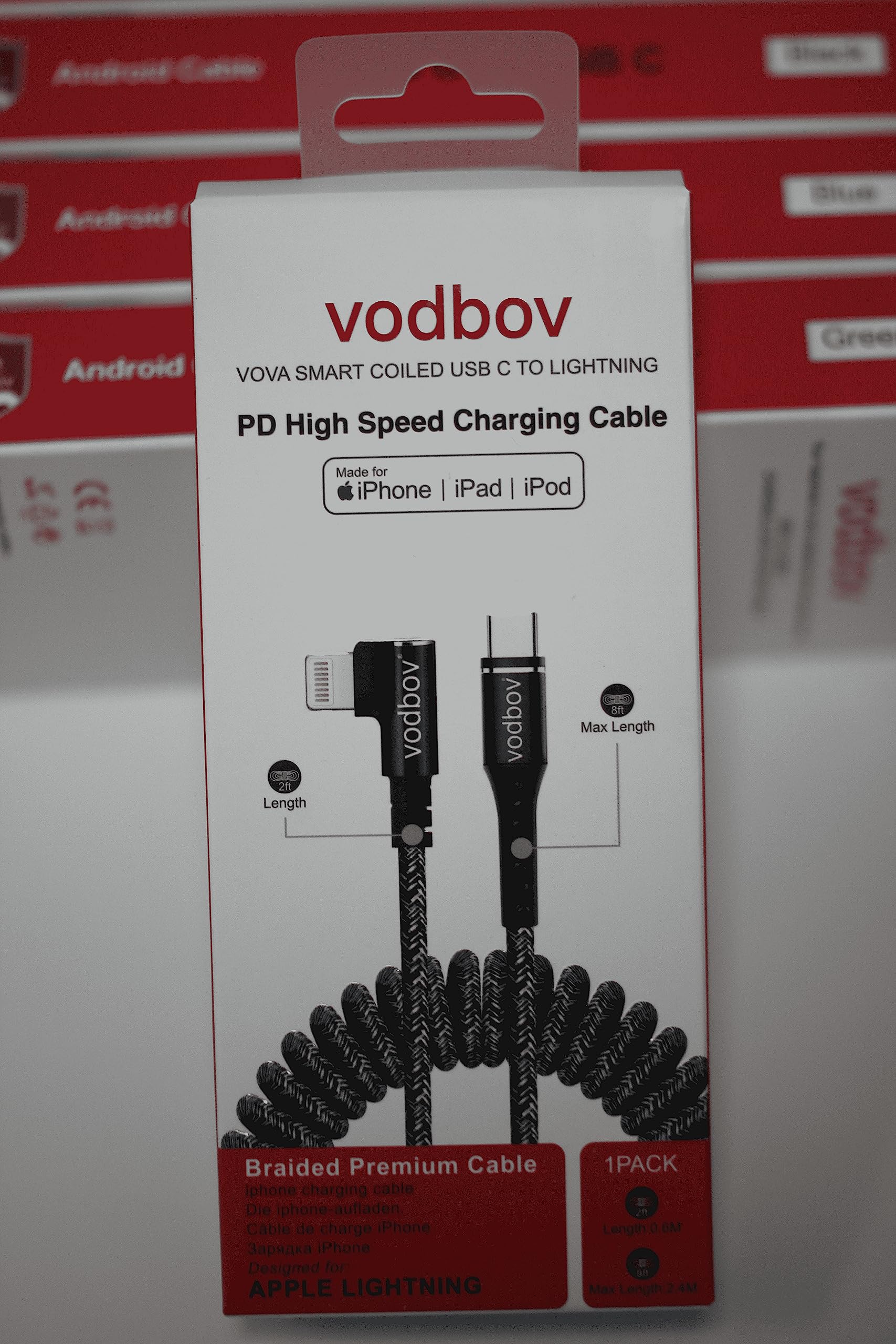 VODBOV USB-C to Lightning Cable 2FT to 8FT Right Angle Coiled Charging Cable Durable Coil MFi Certified Charger Cord Zebra Black