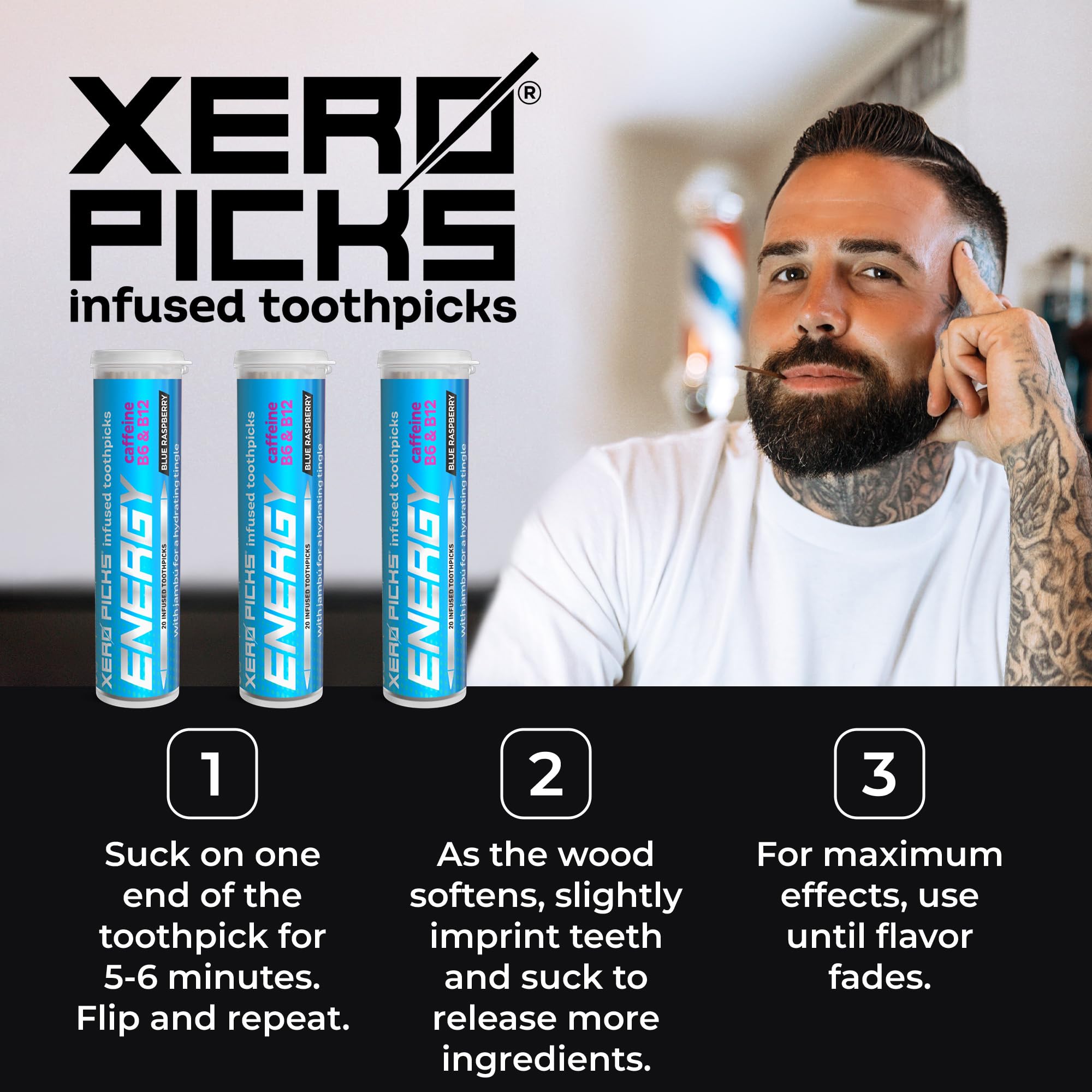 Xero Picks Energy Infused Flavored Toothpicks with Caffeine, B12 and B6-80 Picks - 4 Pack - Fruit Punch, Cool Mint, Berry, Cinnamint