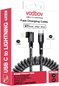 vodbov usb-c to lightning cable 2ft to 8ft right angle coiled charging cable durable coil mfi certified charger cord zebra black