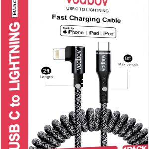 VODBOV USB-C to Lightning Cable 2FT to 8FT Right Angle Coiled Charging Cable Durable Coil MFi Certified Charger Cord Zebra Black