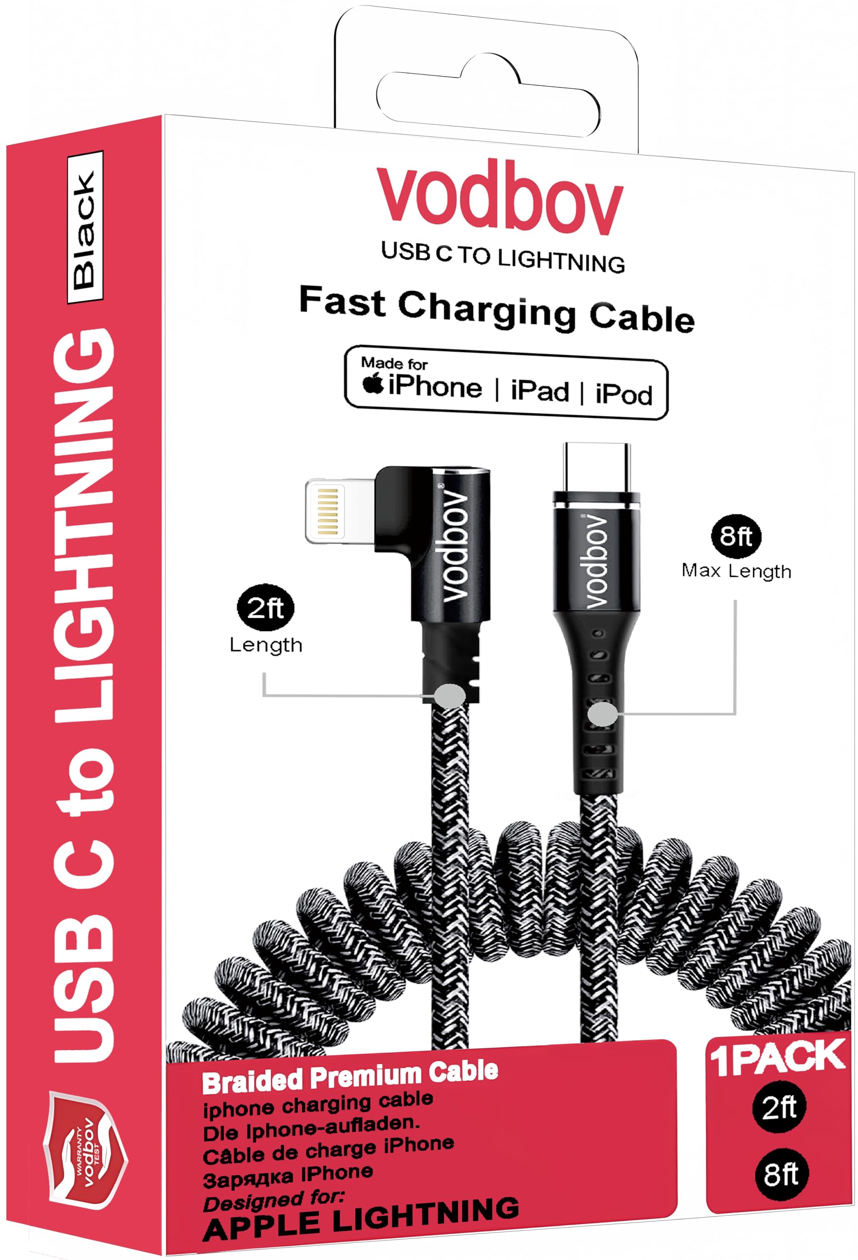 VODBOV USB-C to Lightning Cable 2FT to 8FT Right Angle Coiled Charging Cable Durable Coil MFi Certified Charger Cord Zebra Black