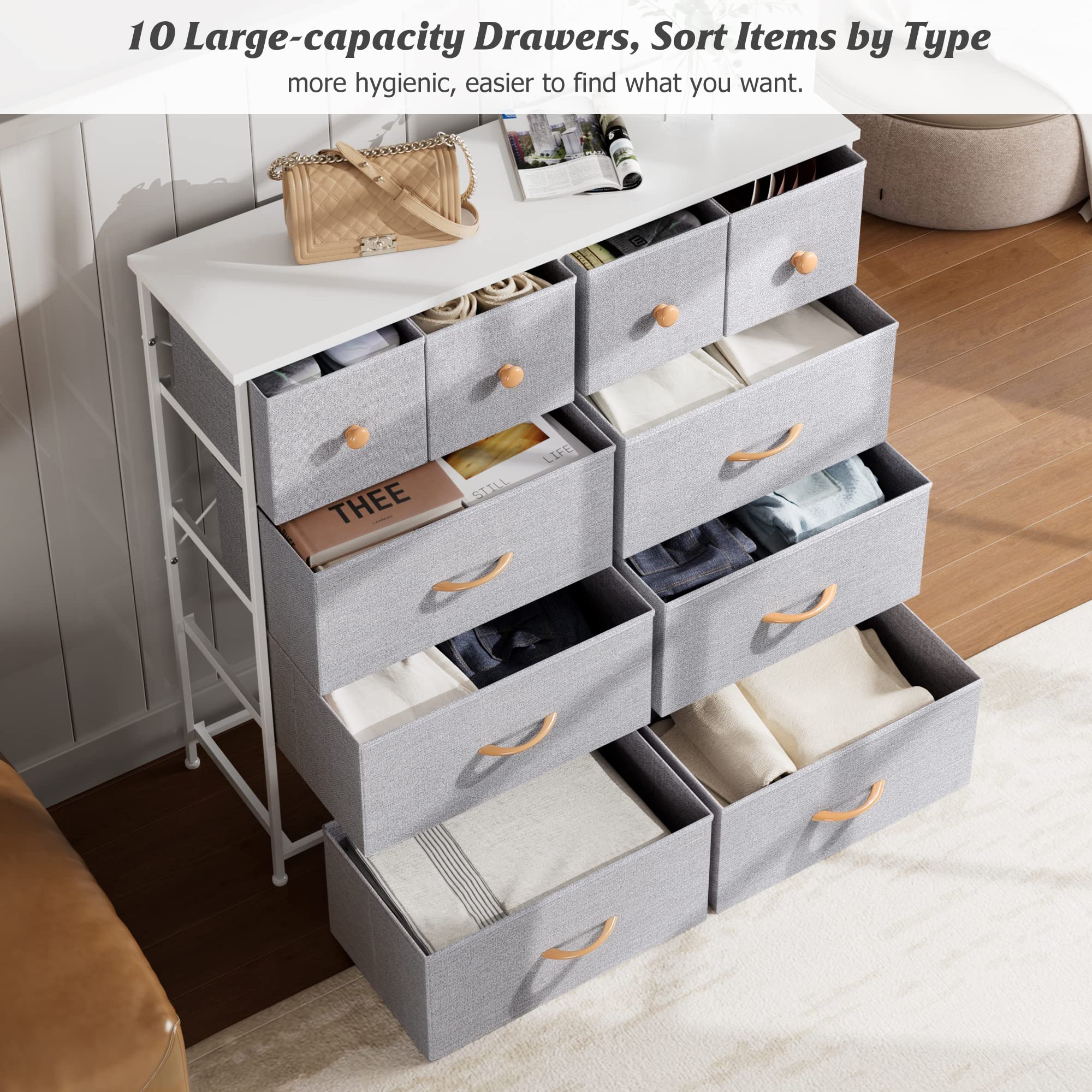 Nicehill Dresser for Bedroom with 10 Drawers, Storage Drawer Organizer, Tall Chest of Drawers for Closet, Living Room, Hallway, Entryway, Fabric Drawers(Light Grey)