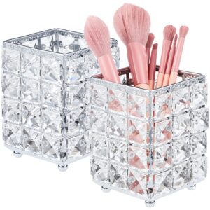 2 packs crystal makeup brush holder organizer cosmetics brushes storage cup handcrafted pen pencil holder container, square (silver)