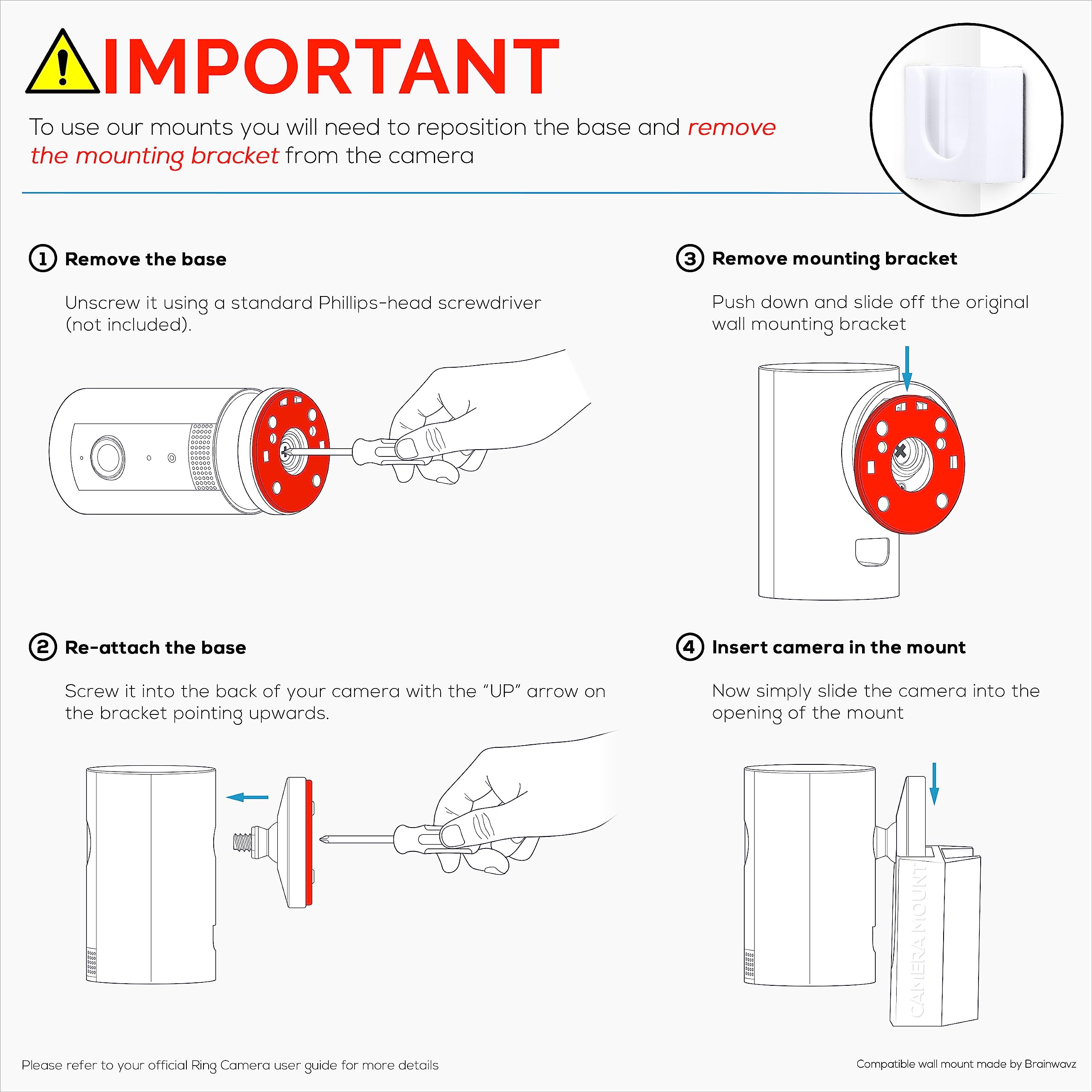 Corner Wall Mount for Ring Indoor (2 Pack) Security Camera - Adhesive Holder, No Hassle Bracket, Strong 3M VHB Tape, No Screws, No Mess Install (White) by Brainwavz