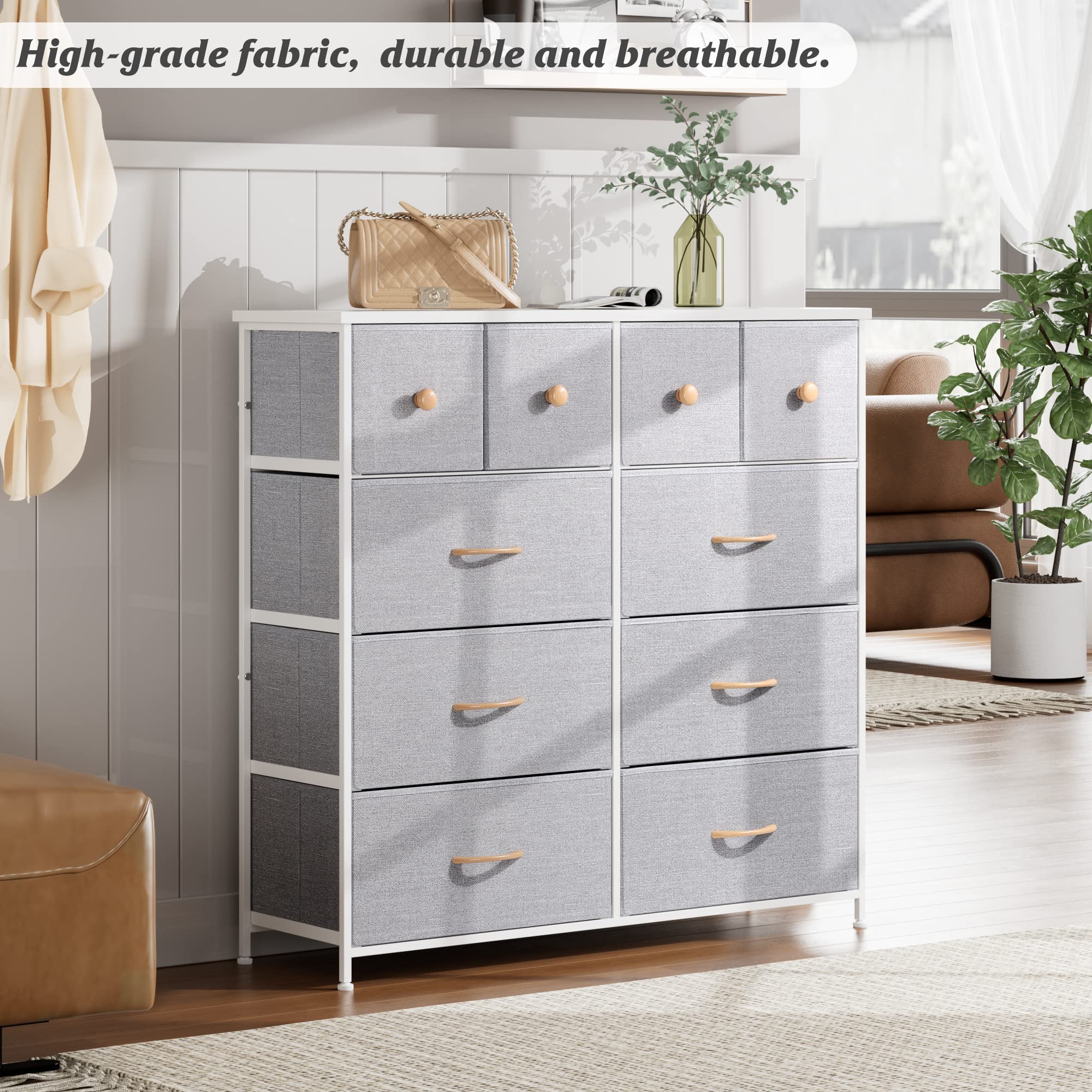 Nicehill Dresser for Bedroom with 10 Drawers, Storage Drawer Organizer, Tall Chest of Drawers for Closet, Living Room, Hallway, Entryway, Fabric Drawers(Light Grey)