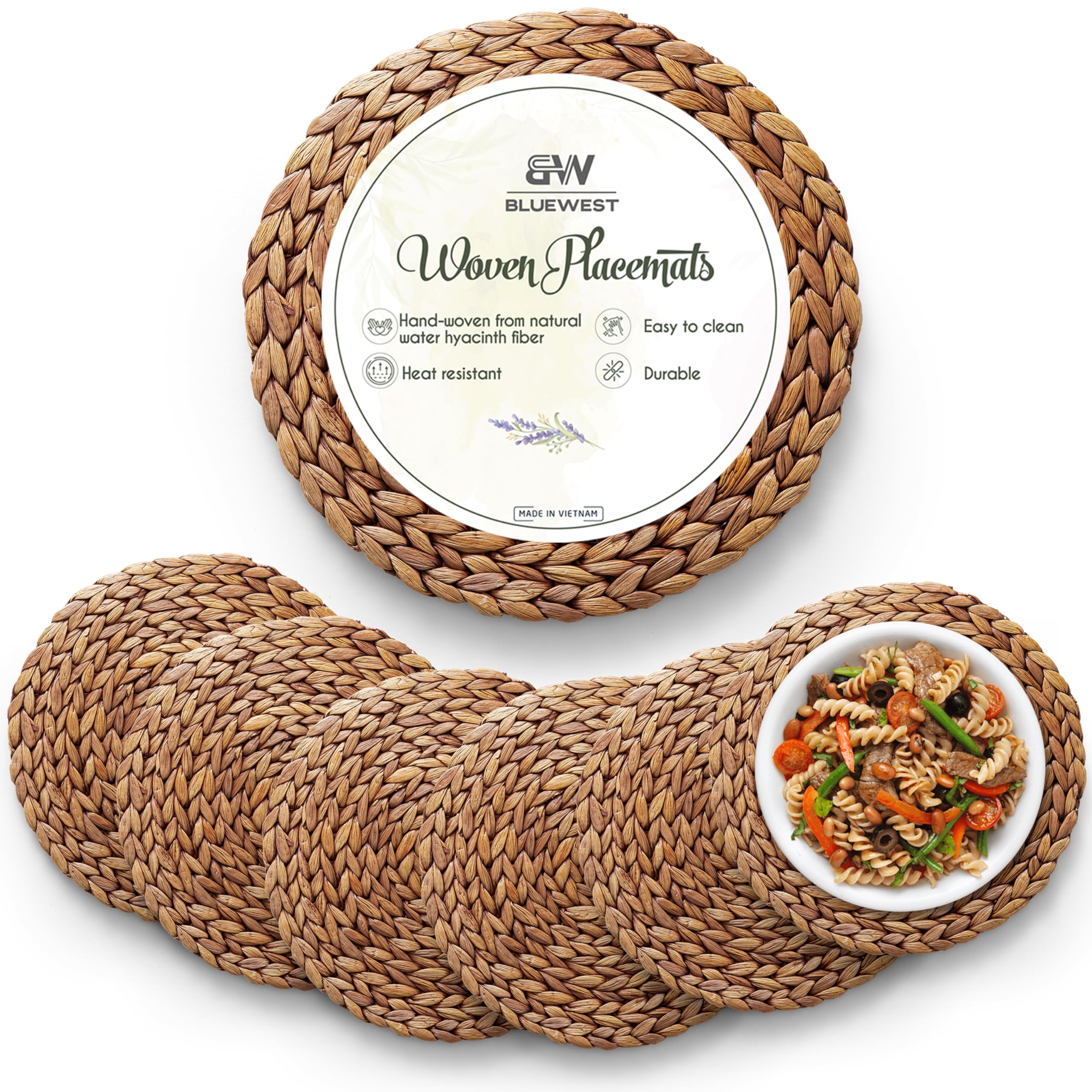 BLUEWEST Woven Placemats, (Sizes:11.8"-13.5''-15") Round Placemats Rattan Placemats, Wicker Water Hyacinth Placemats, Braided Placemats Set, Heat Resistant/Anti-Slip for Dinner Plate (11.8'', Set 6)