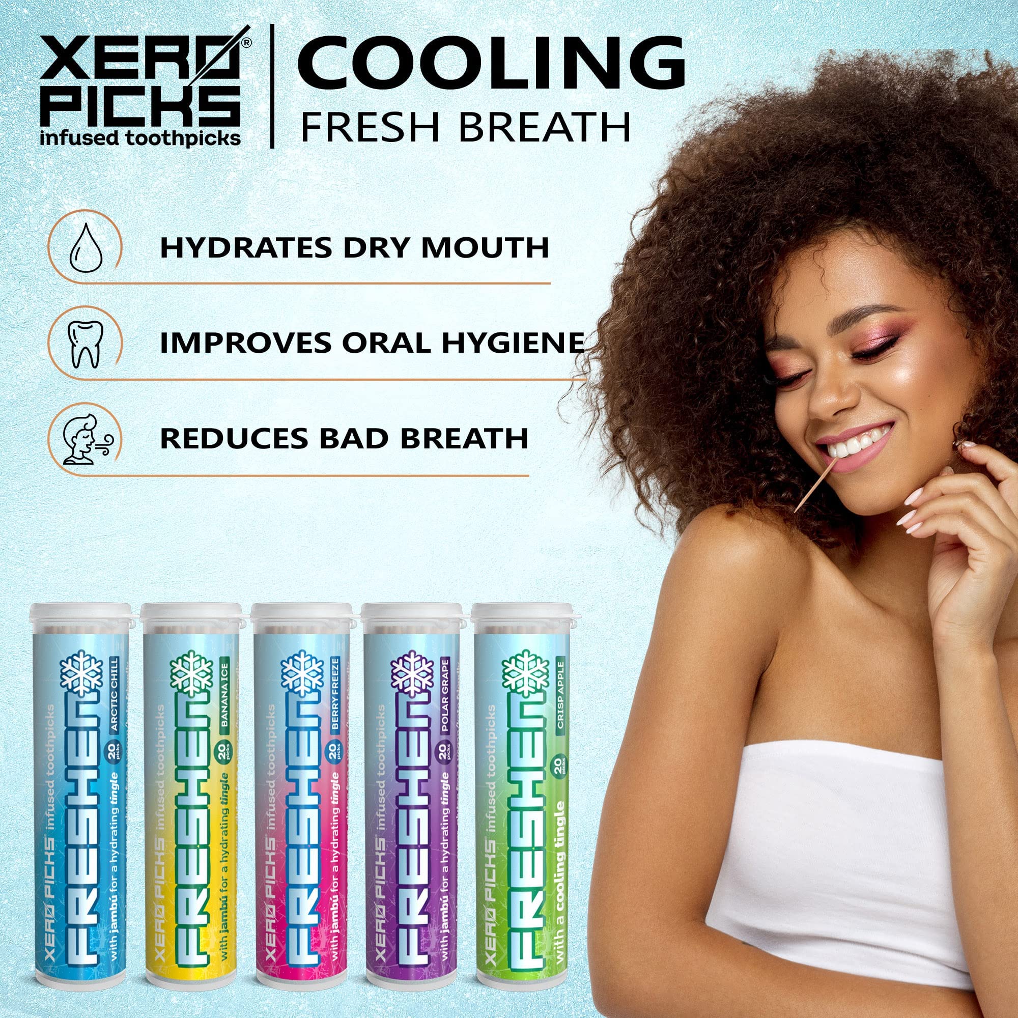 Xero Picks Freshen - Infused Flavored Toothpicks - Cooling Fresh Breath - 100 Picks - 5 Pack - Variety- polar grape, arctic chill, banana ice, berry freeze and crisp apple