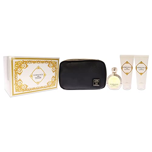 Versace Eros Pour Femme Women 3.4oz EDT Spray, 3.4oz Luxury Body Lotion, 3.4oz Luxury Bath and Shower Gel, Black and Gold Travel B 4 Pc Gift Set