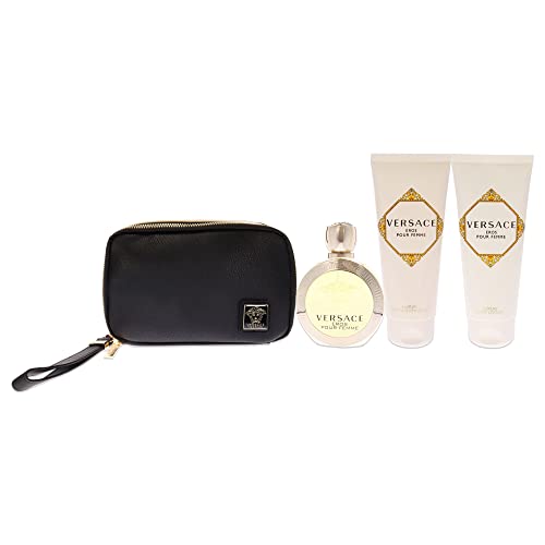 Versace Eros Pour Femme Women 3.4oz EDT Spray, 3.4oz Luxury Body Lotion, 3.4oz Luxury Bath and Shower Gel, Black and Gold Travel B 4 Pc Gift Set