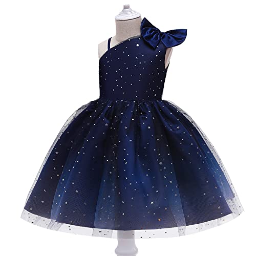 AVAZU 2-8T Toddler Girl One Shoulder Dresses Baby Formal Party Wedding Flower Bowknot Dress Formal Wedding Party Ball Gown Dress Dark Blue 140