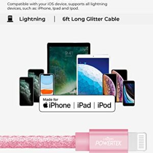 LIQUIPEL Powertek Glitter MFi Certified Charger Compatible for Apple iPhone, iPad, 6ft Cable, Lightning to USB Cable Cord, Fast Charging Lightning Cable (Pink)