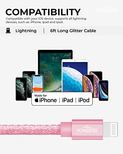 LIQUIPEL Powertek Glitter MFi Certified Charger Compatible for Apple iPhone, iPad, 6ft Cable, Lightning to USB Cable Cord, Fast Charging Lightning Cable (Pink)