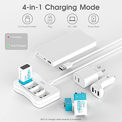 czvv Rechargeable 9V Batteries - High-Performance Lithium-ion Battery 8 Pack with 4-Bay Speed Charger - Leak-Proof Ultra Long-Lasting 8.7 Volt 1300x Cycle Times with a 10-Year Shelf Life