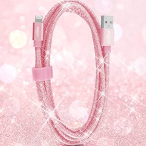 LIQUIPEL Powertek Glitter MFi Certified Charger Compatible for Apple iPhone, iPad, 6ft Cable, Lightning to USB Cable Cord, Fast Charging Lightning Cable (Pink)