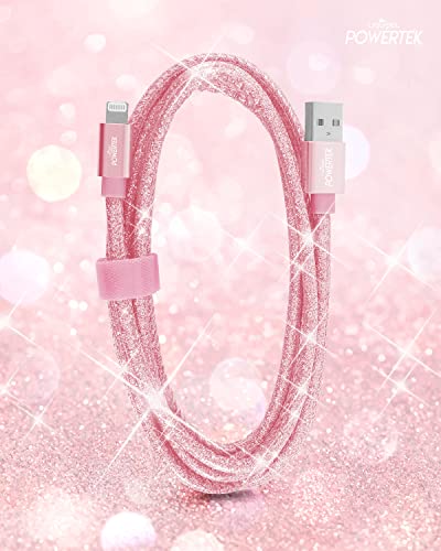 LIQUIPEL Powertek Glitter MFi Certified Charger Compatible for Apple iPhone, iPad, 6ft Cable, Lightning to USB Cable Cord, Fast Charging Lightning Cable (Pink)