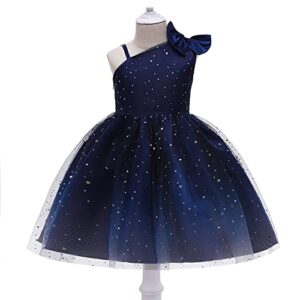 AVAZU 2-8T Toddler Girl One Shoulder Dresses Baby Formal Party Wedding Flower Bowknot Dress Formal Wedding Party Ball Gown Dress Dark Blue 140