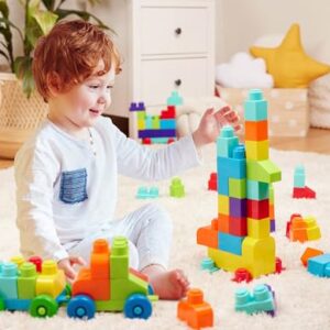 Battat – Large Building Blocks – 80 Colorful Pieces – 8 Wheel Bricks – Zippered Storage Bag – 12 Months + – Bag o' Blocks