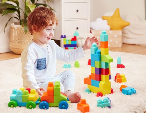 Battat – Large Building Blocks – 80 Colorful Pieces – 8 Wheel Bricks – Zippered Storage Bag – 12 Months + – Bag o' Blocks