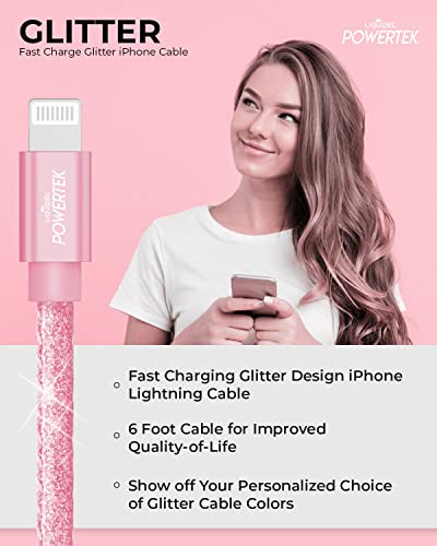 LIQUIPEL Powertek Glitter MFi Certified Charger Compatible for Apple iPhone, iPad, 6ft Cable, Lightning to USB Cable Cord, Fast Charging Lightning Cable (Pink)