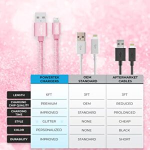 LIQUIPEL Powertek Glitter MFi Certified Charger Compatible for Apple iPhone, iPad, 6ft Cable, Lightning to USB Cable Cord, Fast Charging Lightning Cable (Pink)