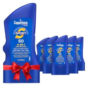 coppertone sport sunscreen lotion spf 50, water resistant sunscreen, broad spectrum spf 50 sunscreen, bulk sunscreen pack for holiday gifts, 3 fl oz bottle, pack of 6