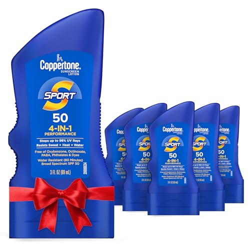 Coppertone SPORT Sunscreen Lotion SPF 50, Water Resistant Sunscreen, Broad Spectrum SPF 50 Sunscreen, Bulk Sunscreen Pack for Holiday Gifts, 3 Fl Oz Bottle, Pack of 6