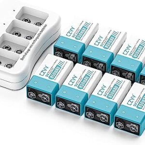 czvv Rechargeable 9V Batteries - High-Performance Lithium-ion Battery 8 Pack with 4-Bay Speed Charger - Leak-Proof Ultra Long-Lasting 8.7 Volt 1300x Cycle Times with a 10-Year Shelf Life