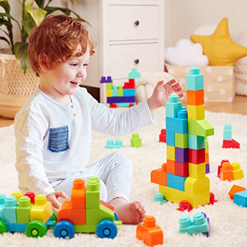 Battat – Large Building Blocks – 80 Colorful Pieces – 8 Wheel Bricks – Zippered Storage Bag – 12 Months + – Bag o' Blocks