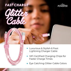 LIQUIPEL Powertek Glitter MFi Certified Charger Compatible for Apple iPhone, iPad, 6ft Cable, Lightning to USB Cable Cord, Fast Charging Lightning Cable (Pink)