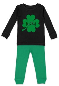 lucky four leaf clover - shamrock luck infant/toddler shirt & pants set (black top/kelly bottoms, 5t/6t)