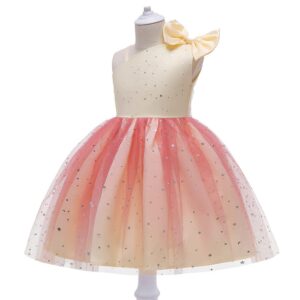 2-8T Toddler Girl Tulle One Shoulder Tutu Gown Baby Bowknot Formal Pageant Party Wedding Dress Flower Party Dresses Champagne 120