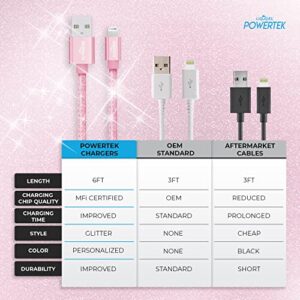 LIQUIPEL Powertek Glitter MFi Certified Charger Compatible for Apple iPhone, iPad, 6ft Cable, Lightning to USB Cable Cord, Fast Charging Lightning Cable (Pink)