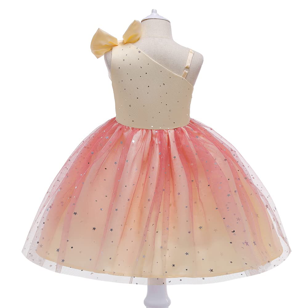 2-8T Toddler Girl Tulle One Shoulder Tutu Gown Baby Bowknot Formal Pageant Party Wedding Dress Flower Party Dresses Champagne 120