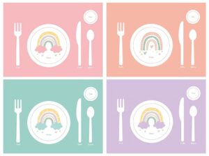 sharkbliss montessori placemat, table place setting etiquette educational placemat set of 4 rainbow themed montessori placemat for toddler kid children baby preschool homeschool dining table manners