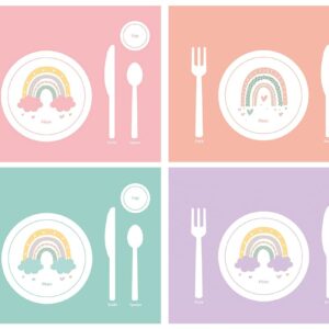 SharkBliss Montessori Placemat, Table Place Setting Etiquette Educational Placemat Set of 4 Rainbow Themed Montessori Placemat for Toddler Kid Children Baby Preschool Homeschool Dining Table Manners