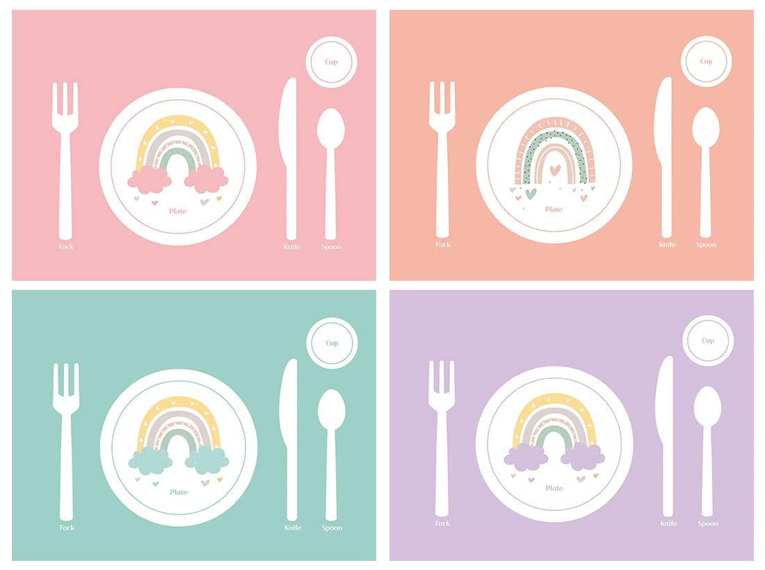 SharkBliss Montessori Placemat, Table Place Setting Etiquette Educational Placemat Set of 4 Rainbow Themed Montessori Placemat for Toddler Kid Children Baby Preschool Homeschool Dining Table Manners