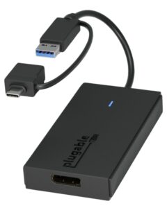 plugable usb to displayport adapter. connect one or more to any mac or windows system to add extra displays up to 1920x1080 60hz. usb c and a