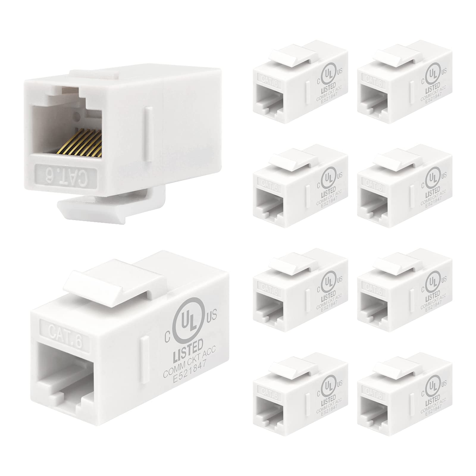 VCELINK RJ45 Cat6 Keystone Jack Inline Coupler UL Listed 10-Pack, Female to Female Network Insert UTP for Cat6/Cat5e/Cat5 Cable (White)