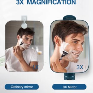 TOUCHBeauty 3X Shower Mirrors for Shaving with Razor Holder, Heldhand & 360 Degree Swivel, Larger Size 11" Blue Bathroom Accessories for Men